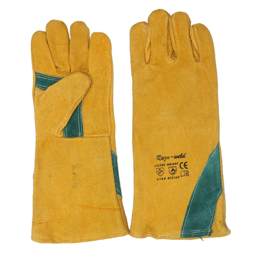 Yellow Welding Glove with Green Reinforced Palm, Elbow Length 8" - Pin ...